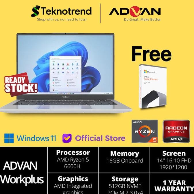 Jual Advan Laptop Workplus Amd Ryzen 5 6600H 16Gb 512Gb 14'' Fhd Work ...