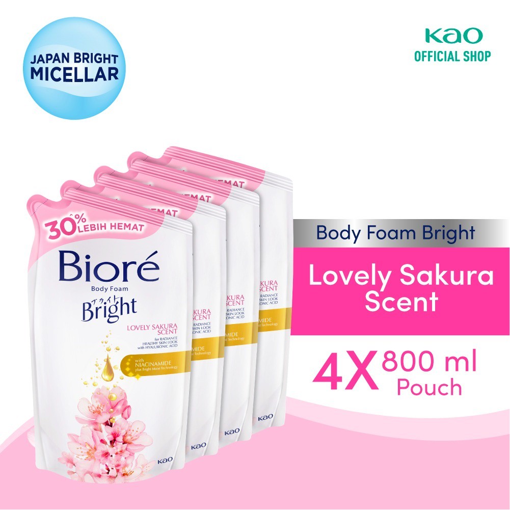 Jual Biore Bright Sabun Mandi Cair Body Foam Lovely Sakura Pouch 800 ml Four Pack | Shopee Indonesia