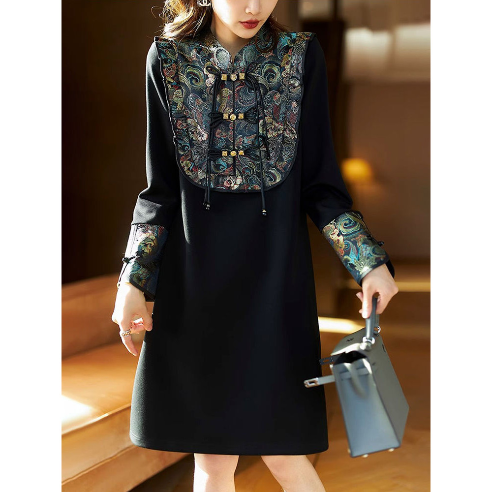 Jual Gaun Ukuran Besar Hitam Retro Gaya Nasional, Gaun Perca Kontras ...