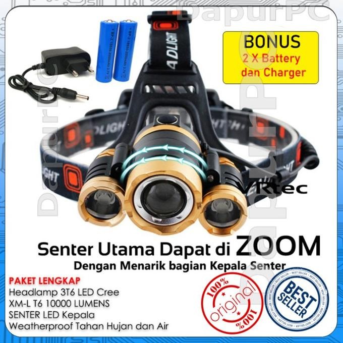 Jual tersedia paket headlamp vrtec xm-l t6 + 2 xep zoom lampu senter kepala | Shopee Indonesia