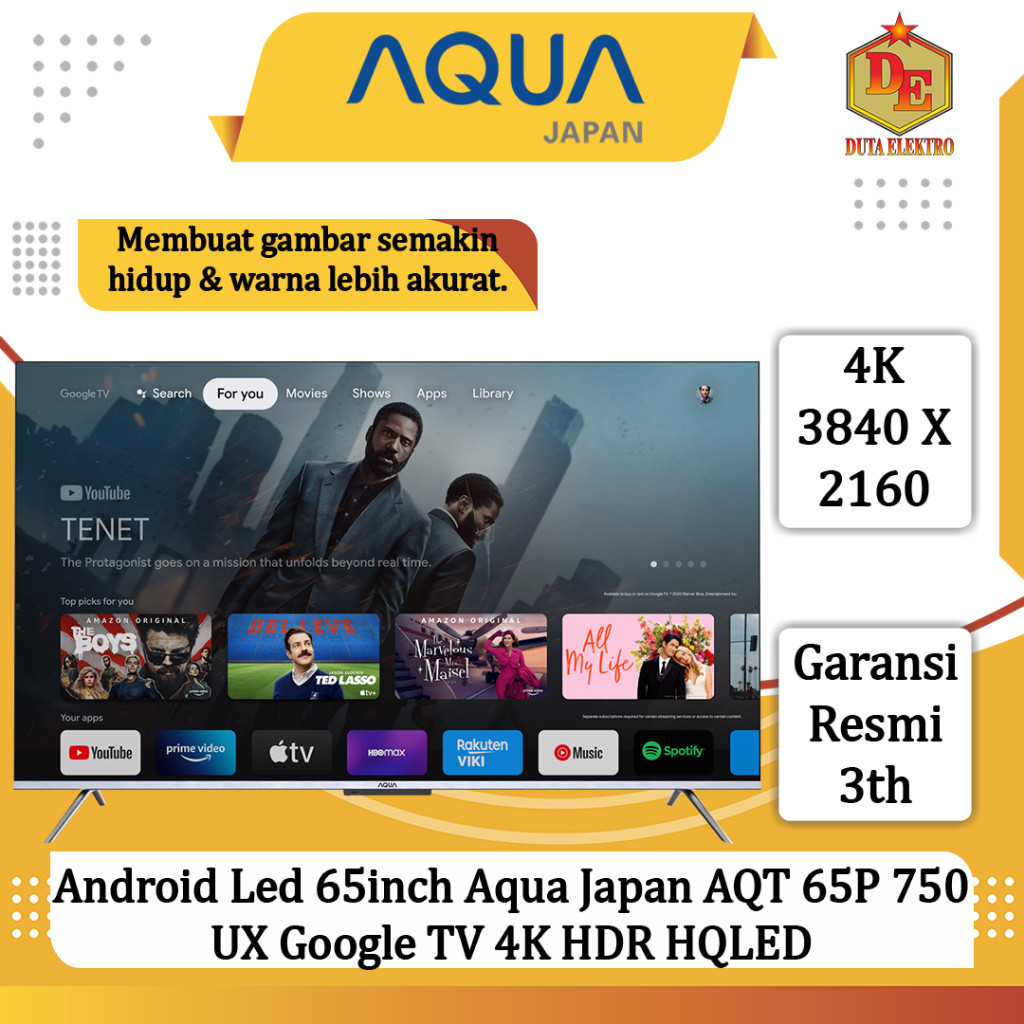 Jual Android Led 65inch Aqua Japan AQT 65P 750 UX Google TV 4K HDR HQLED | Shopee Indonesia