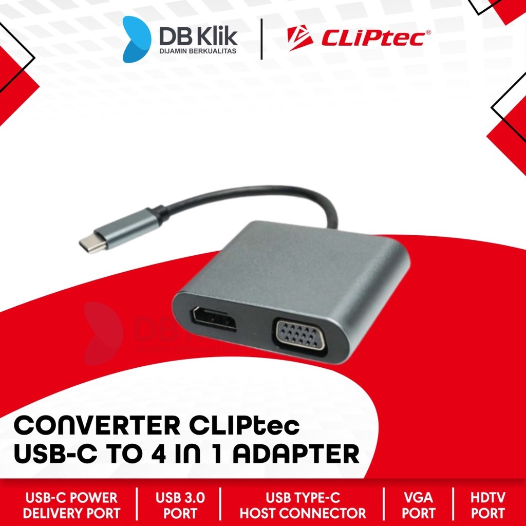 Jual Cliptec Converter Usb-C To 4 In 1 Adapter (Hub Pd Hdtv + Vga + Usb ...
