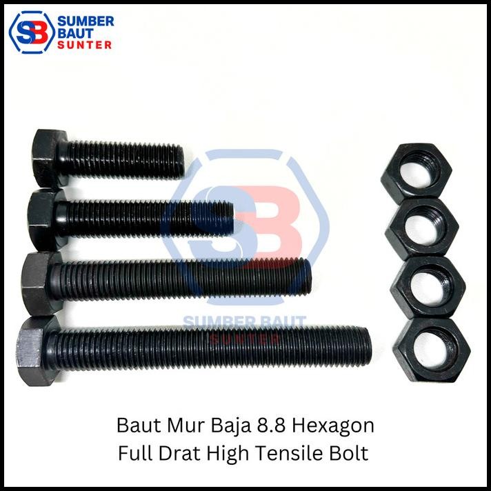 Jual HOT DEAL M12X130 BAUT MUR BAJA 8.8 FULL DRAT HITAM HEX HTB HIGH TENSILE 12X130 ...