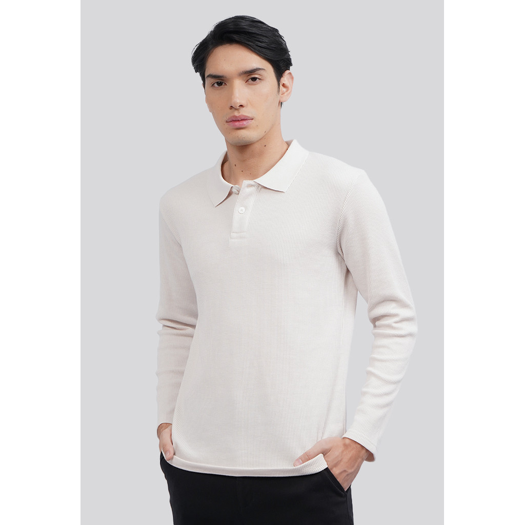 Jual Executive Long Sleeve Textured Polo Shirt Beige | Shopee Indonesia