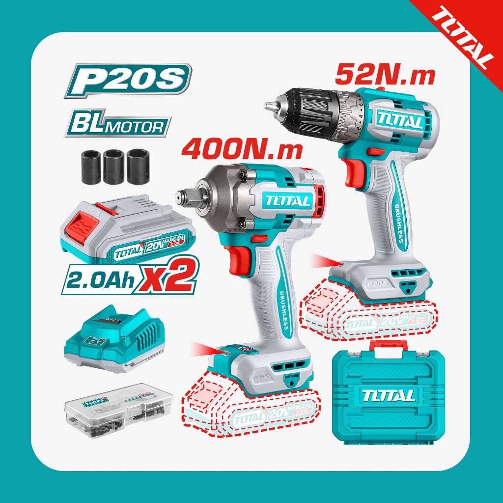 Jual 【TOTAL】Kombo Kit Bor Brushless Dan Impact Wrench/Cordless 2 Pcs ...