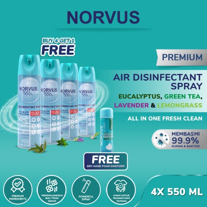 Jual NORVUS Air Disinfectant Spray 4 pcs 550ml Free Dry Hand Foam ...