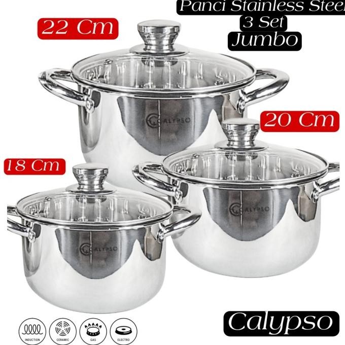 Jual Calypso Panci Stainless Set 3 Pcs Lengkap Tutup Kaca Merdekacici ...
