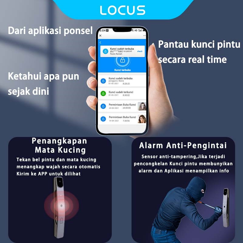 Jual Locus V2 Video Smart Door Lock, Pemantauan Visual, Kunci Pintu Digital Peephole Cerdas ...