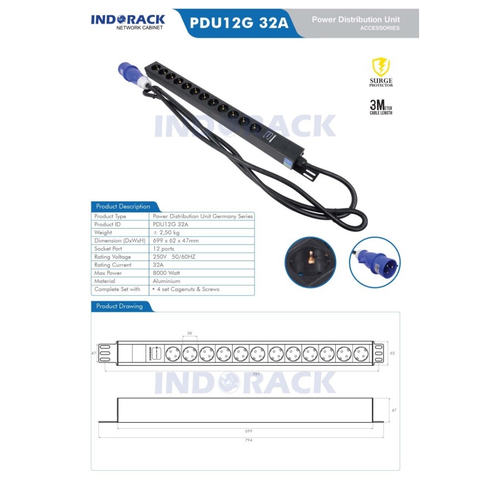 Jual PDU12G-32L - PDU 12 Outlet with head plug 3pin 2P+E 32A - INDORACK ...