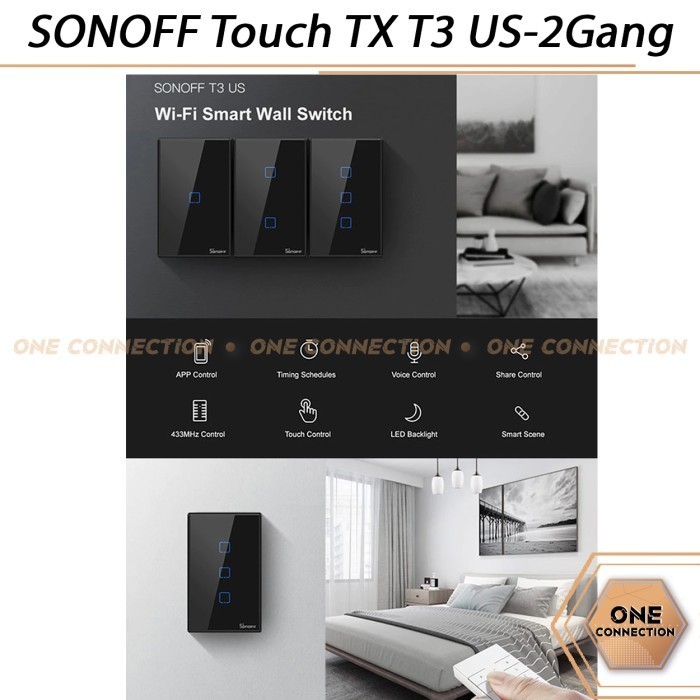 Jual SONOFF Touch TX T3 US-2Gang Wi-Fi & RF 433Mhz Wall Touch Smart ...