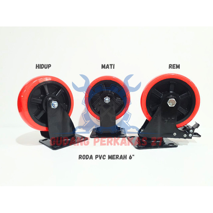 Jual RODA TROLI 6" TROLLEY RODA PVC MERAH 6 INCI TIPE MATI HIDUP REM ...