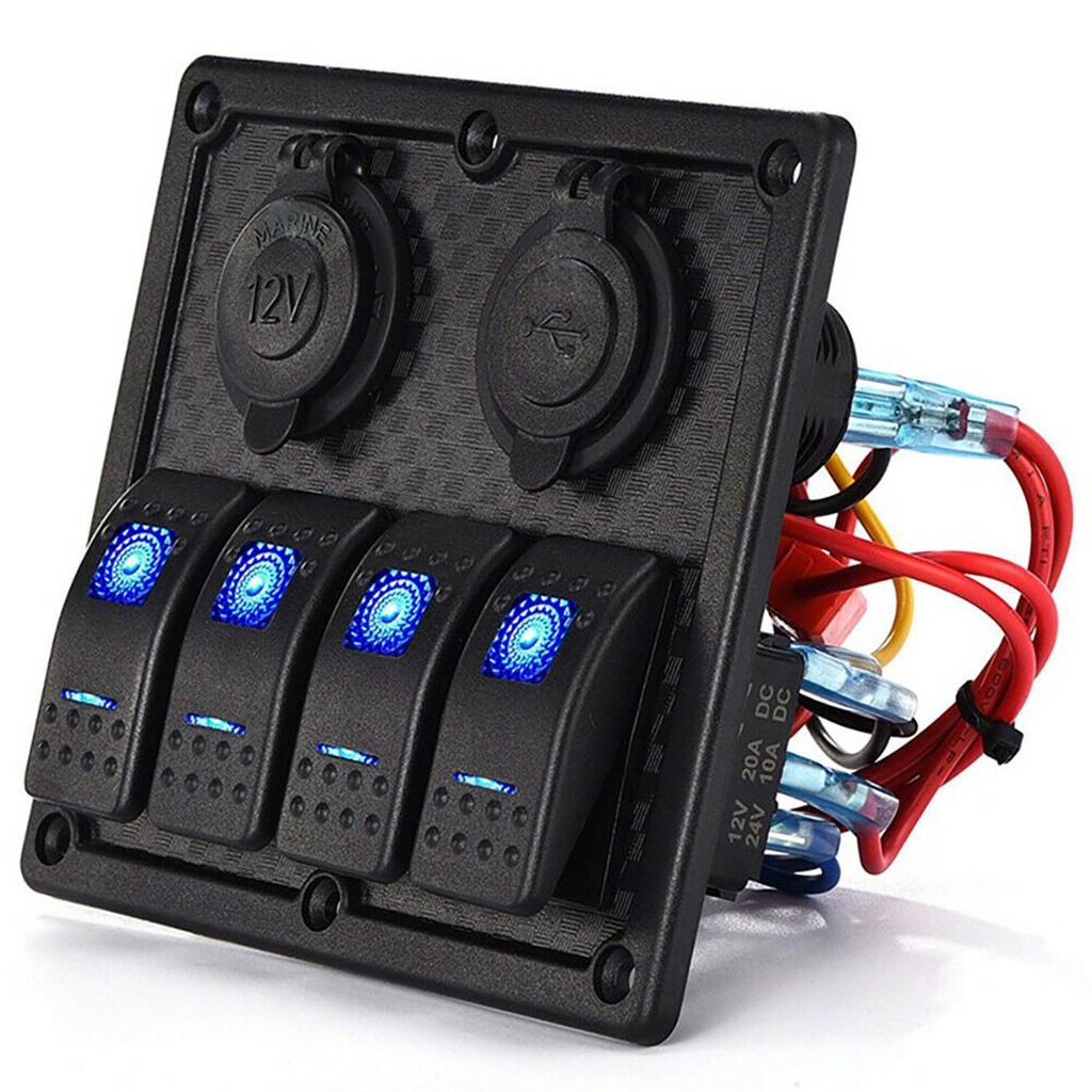 Jual 4 Gang Blue LED Button Rocker Switch Panel Control Dual USB Port ...