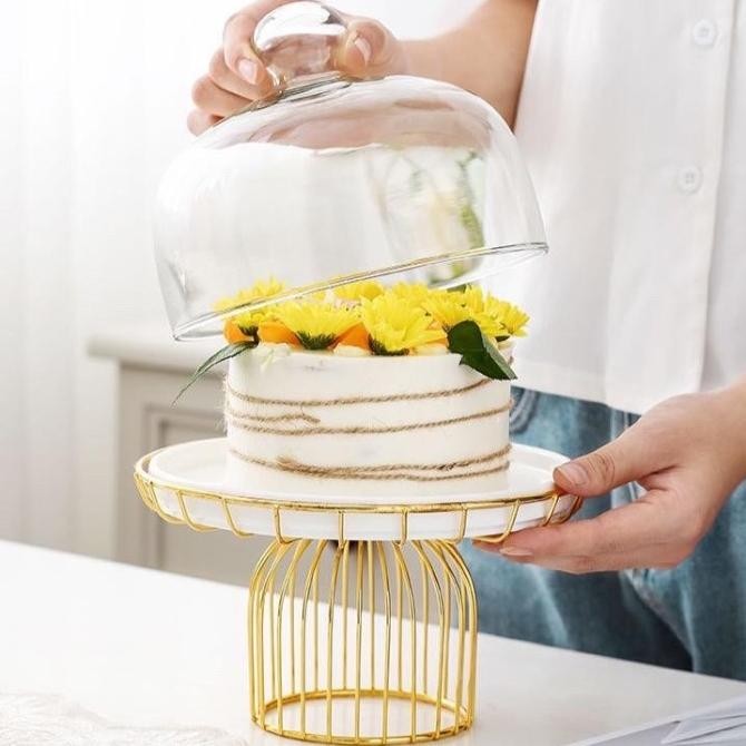 Jual Gold Cake Stand / Tempat Kue Gold dengan Tutup Kaca / Cake Tier ...