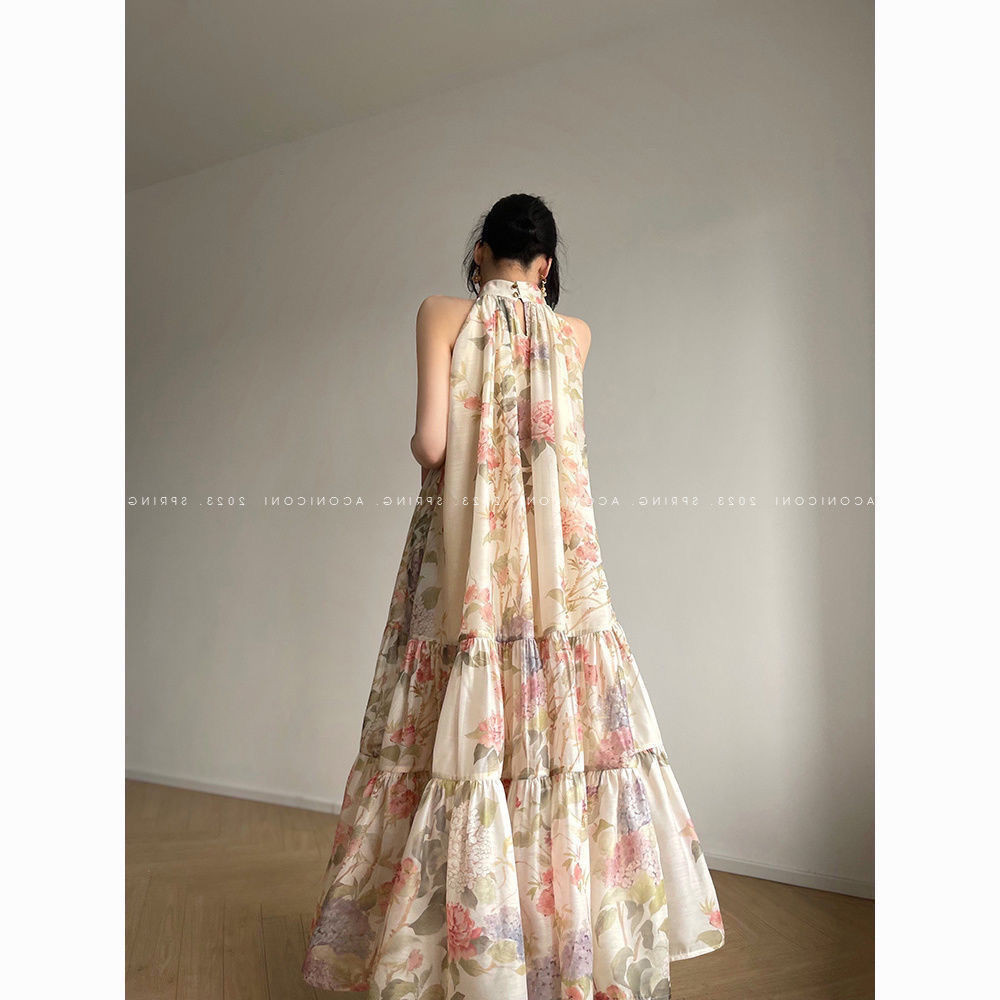 Jual Gaun Panjang Bunga Halter Tanpa Lengan, Gaun Gaya Liburan Prancis ...