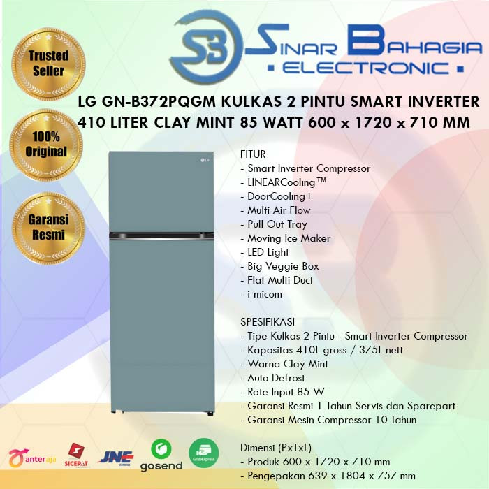 Jual LG GN-B372PQGM KULKAS 2 PINTU SMART INVERTER 410 LITER CLAY MINT 85 WATT 600 x 1720 x 710 ...