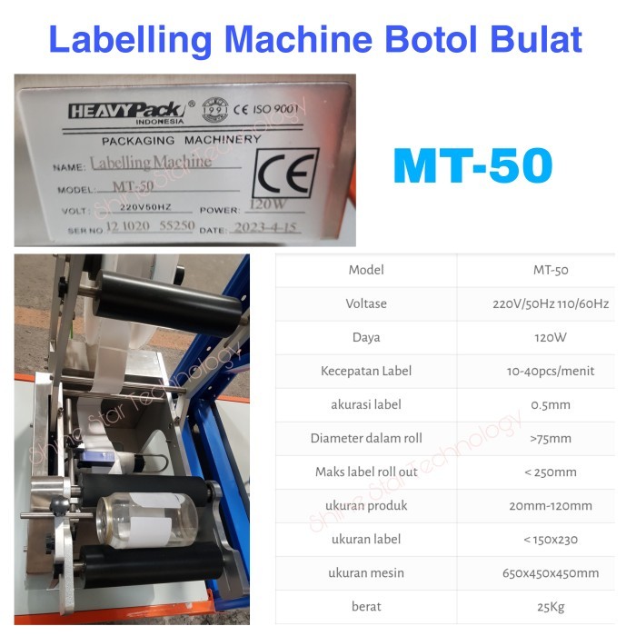 Jual HEAVYPACK Mesin Labelling Botol Bulat Semi Auto Mesin Tempel Label Stiker Roll MT-50 ...