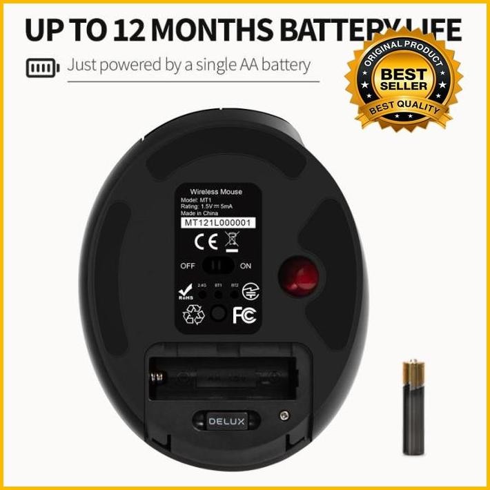 Jual Delux Mt1Db Vertical Mouse Ergonomic Wirelesss With Trackball New ...