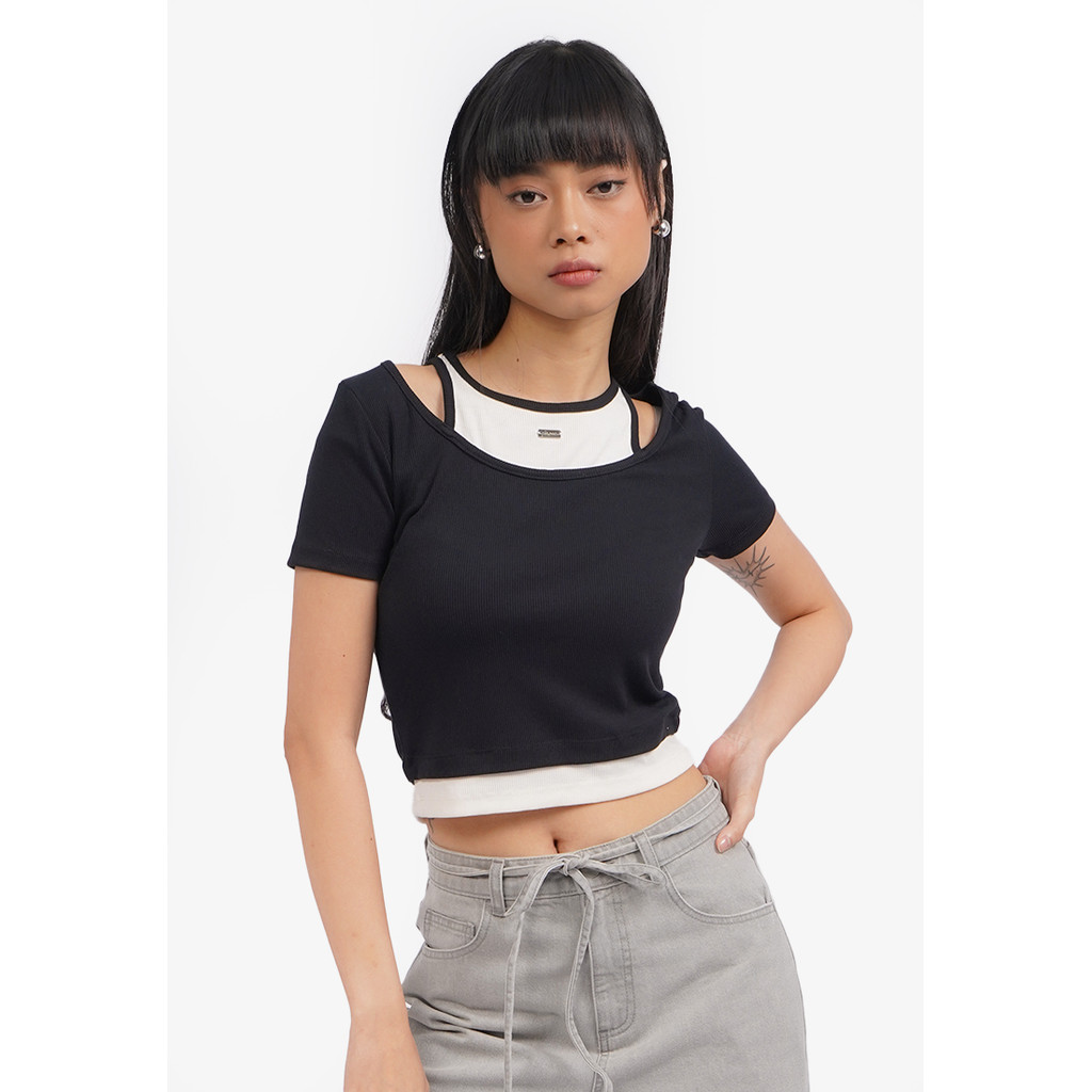 Jual COLORBOX Double Layer Short Sleeve Top Black | Shopee Indonesia
