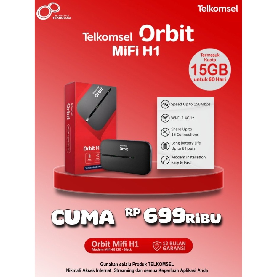 Jual Telkomsel Orbit Mifi H1 Portable Modem Wifi 4G Include kuota 150 ...