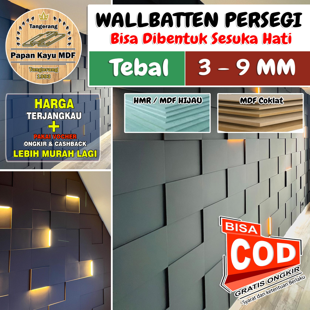Jual Wallbatten 3D Aesthetic Persegi 3-9MM HMR / MDF Wall Panel Batten ...