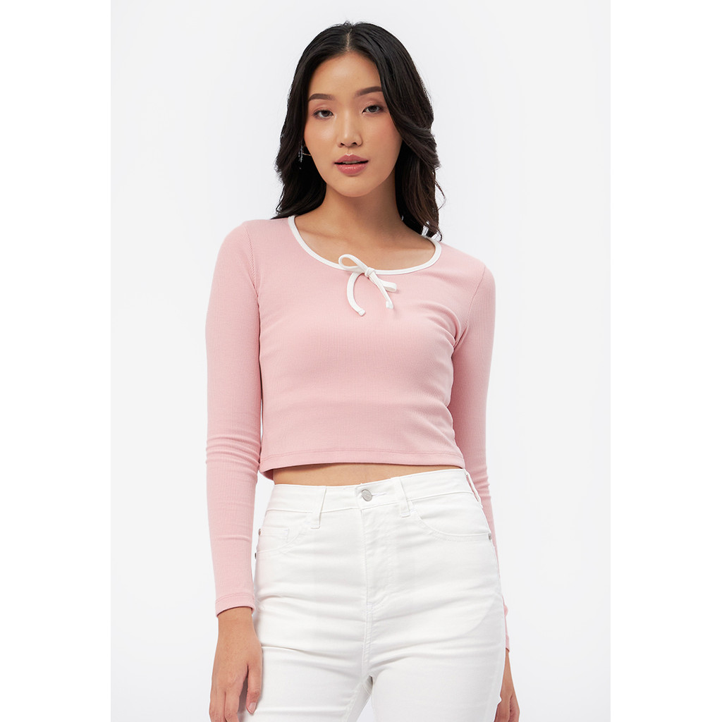 Jual COLORBOX Round Neck Long Sleeve Top With Bow Lt. Pink | Shopee ...