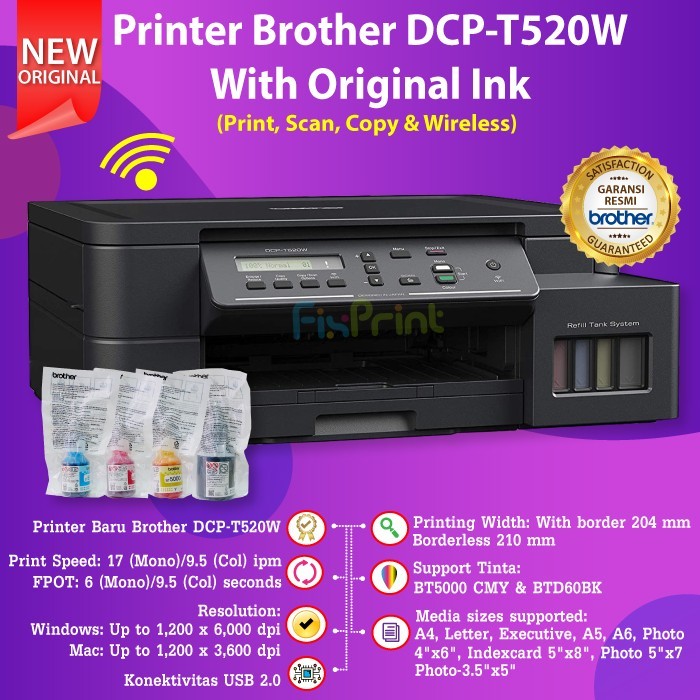 Jual Printer Brother DCP-T520W T520 WiFi Print Scan Copy Tinta D60Bk ...