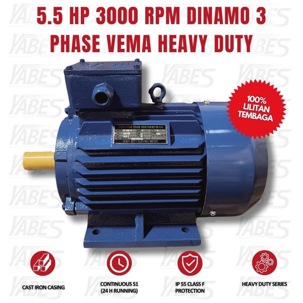 Jual VEMA Dinamo 3 Phase 380v HEAVY DUTY 5.5 HP 100% Lilitan Tembaga 3000 RPM Body Cast Iron ...