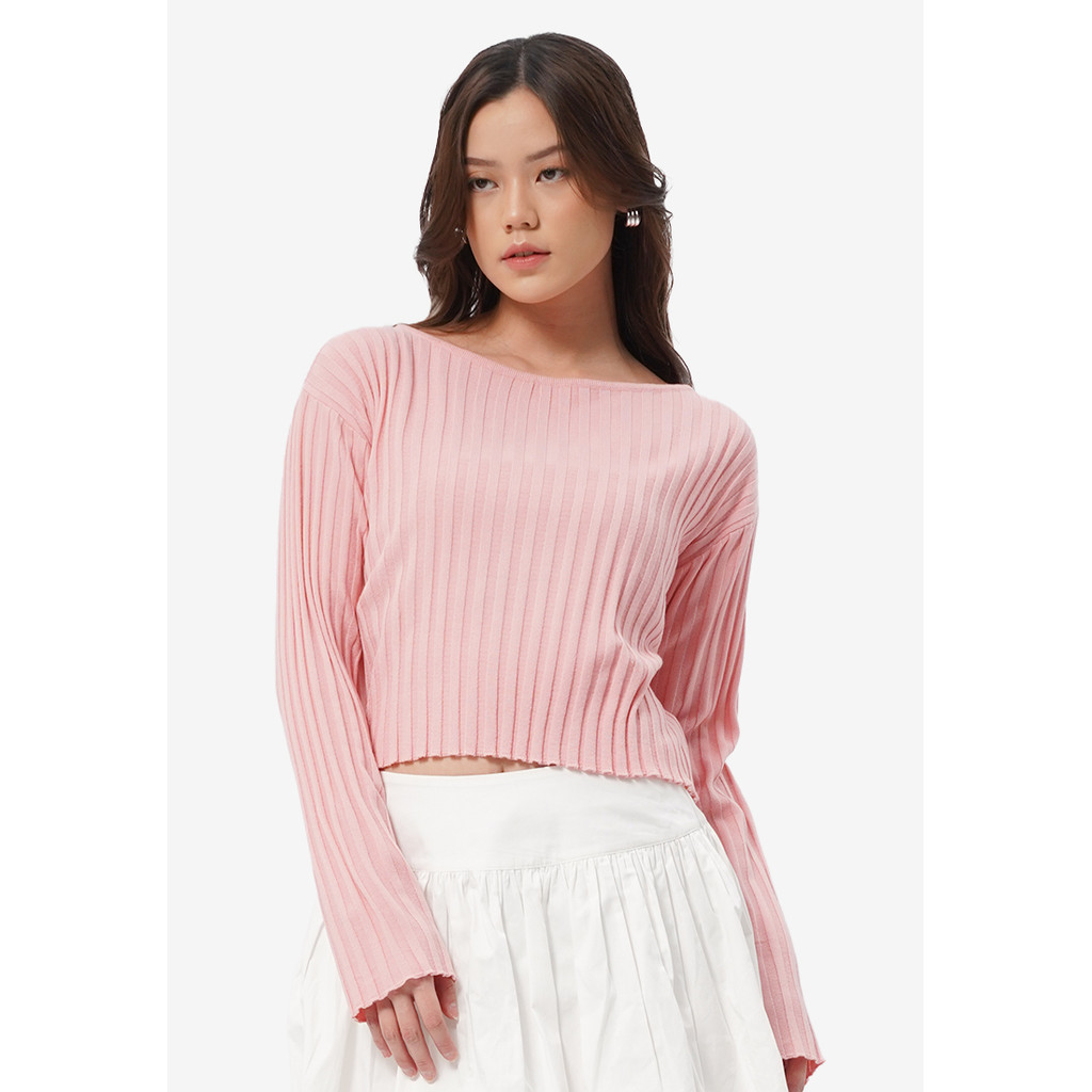 Jual COLORBOX Long Sleeve Boat Neck Crop Sweater Lt. Pink | Shopee ...