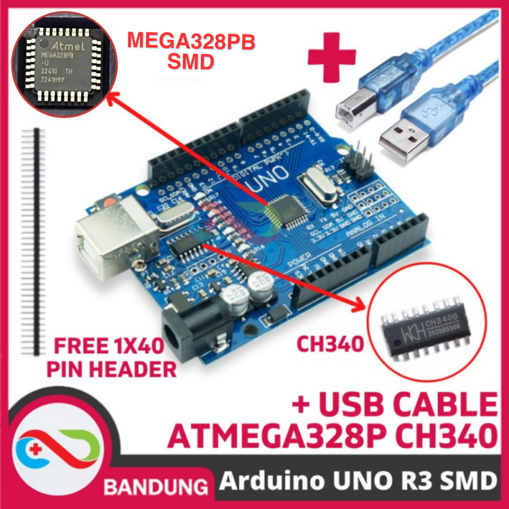 Jual UNO R3 SMD CH340 ATMEGA328P PLUS KABEL USB & PIN HEADER | Shopee ...