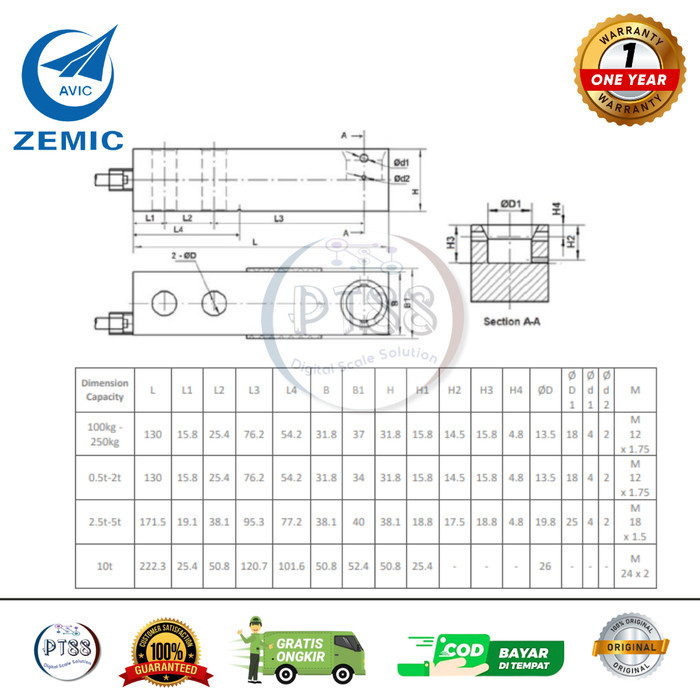 Jual Load Cell Shear Beam H8C 250Kg / Zemic Load Cell H8C-C3 250Kg ...
