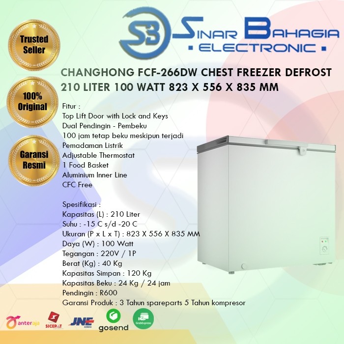 Jual CHANGHONG FCF-266DW CHEST FREEZER DEFROST 210 LITER 100 WATT 823 X 556 X 835 MM (NEW ...
