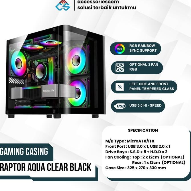 Jual Casing Gaming Raptor Aqua Clear Series Black M-ATX / ITX - Casing ...