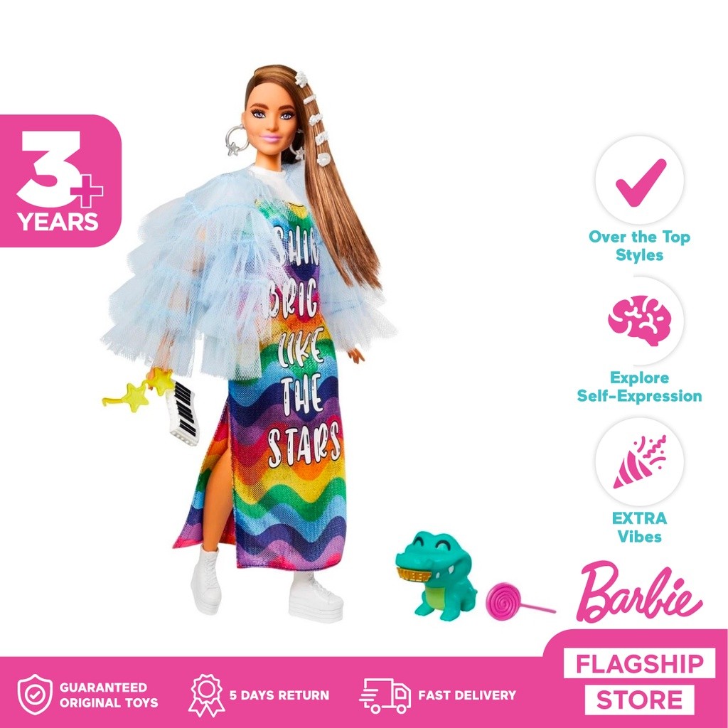 Jual Barbie Extra Doll Rainbow Dress Blue Ruffle Jacket Long Brunette ...
