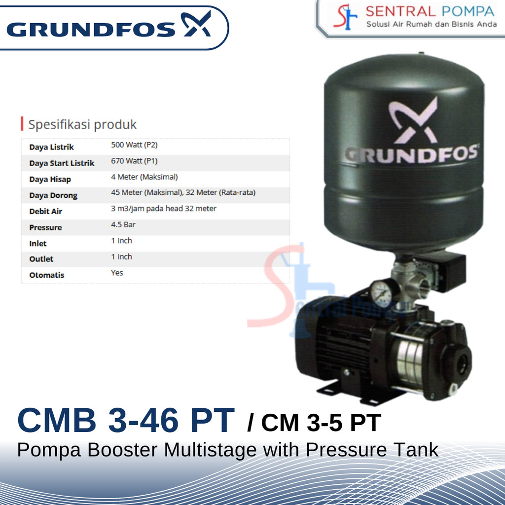 Jual Grundfos CMB 3-46 PT / CM 3-5 PT Pompa Booster Multistage dengan Pressure Tank | Sentral ...