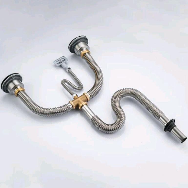 Jual selang cuci piring stainless cabang 2 + over flo + 2set afur ...