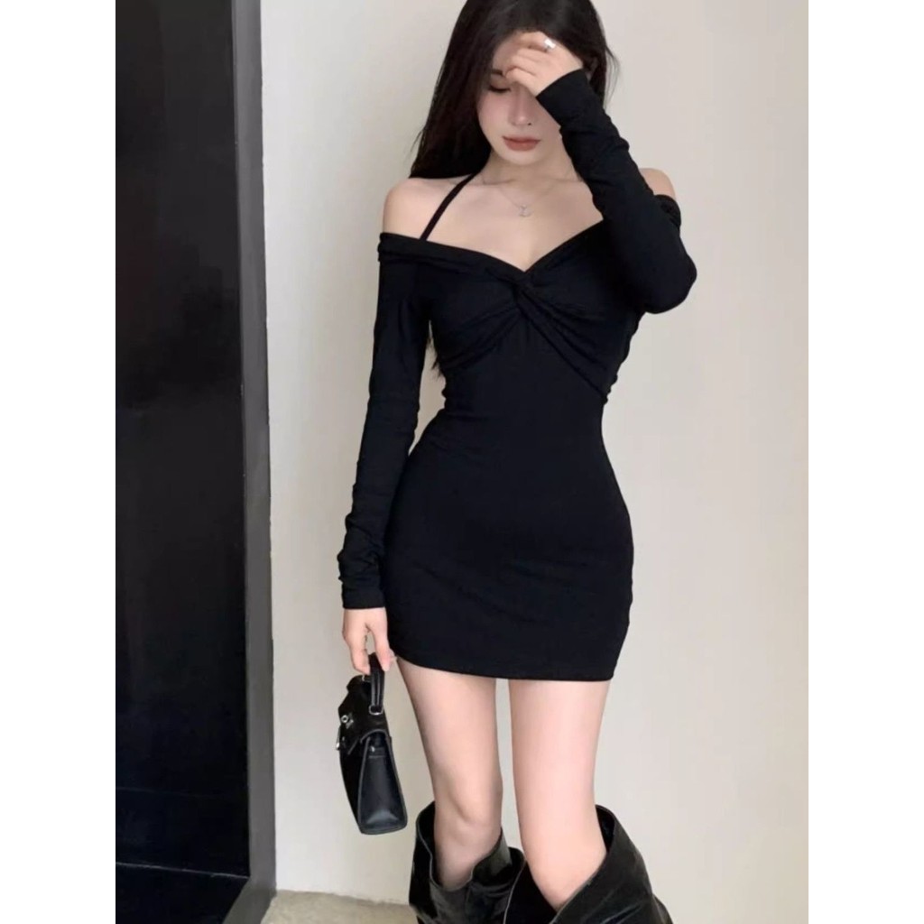 Jual [Kue ceri] Gaun Lengan Panjang Off-Shoulder untuk Wanita, Gaun ...