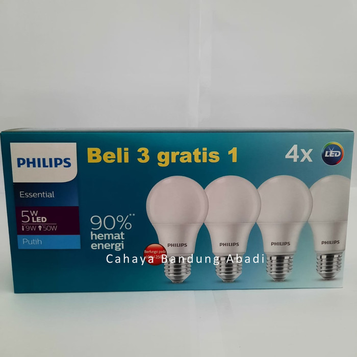 Jual Lampu Philips Essential LED Bulb Paket Multipack 5W Putih 6500K 3+1 | Shopee Indonesia