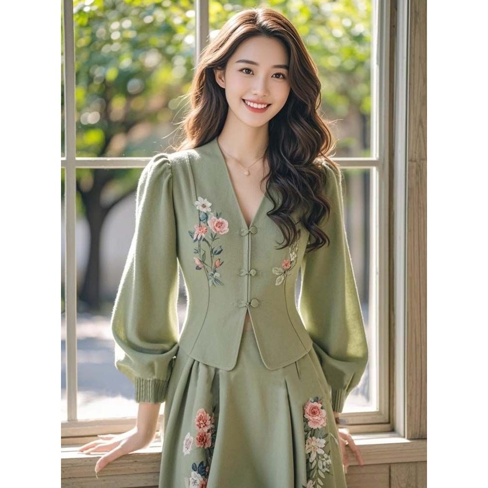 Jual Set Pakaian Retro Wanita, Atasan dan Rok Retro Sulaman Kancing ...