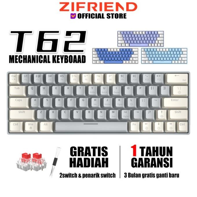 Jual ZIFRIEND T62 Mechanical Keyboard 63Keys 60% Layout Blue Red Switch ...