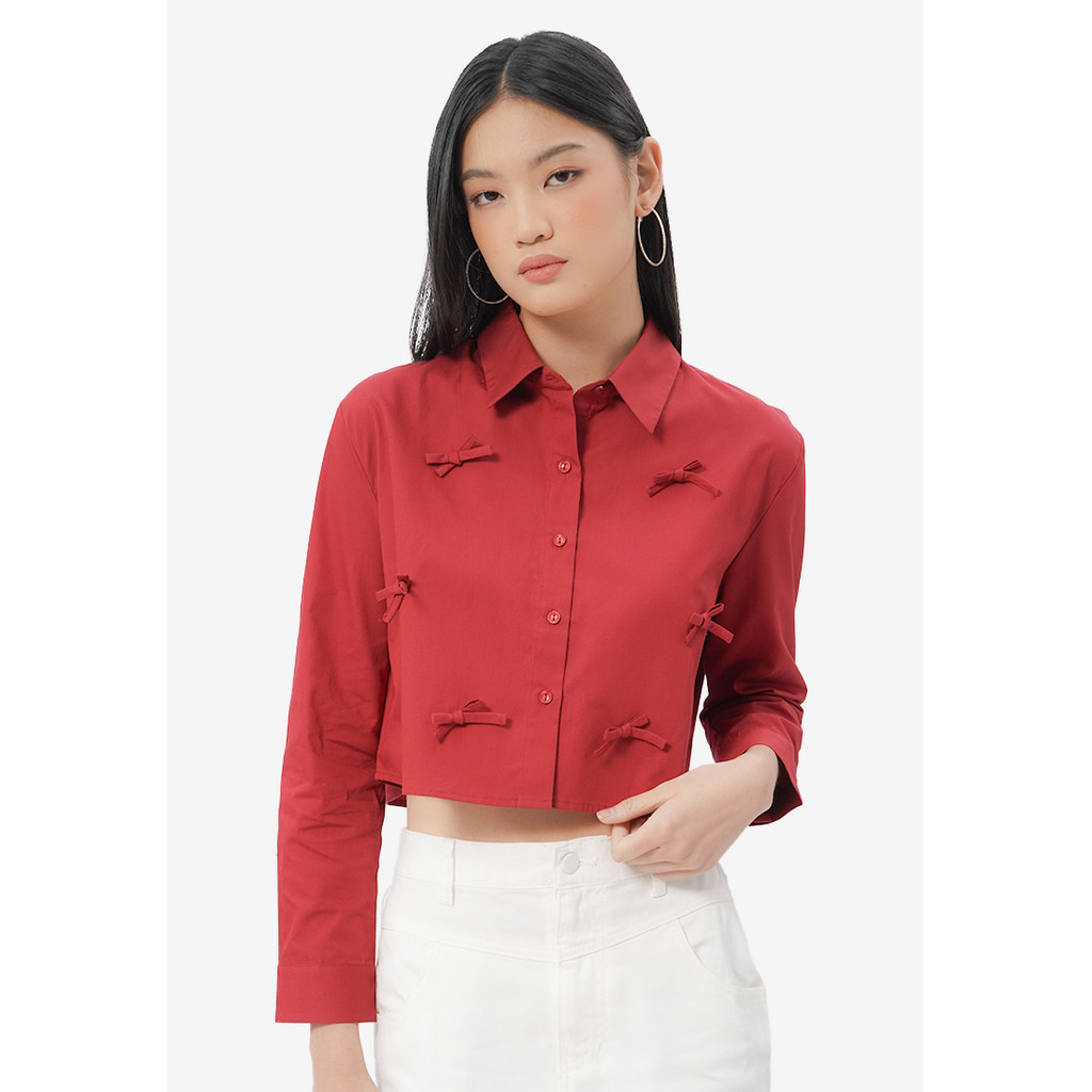 Jual COLORBOX Long Sleeve Shirt With Ribbon Details Dark Red | Shopee ...