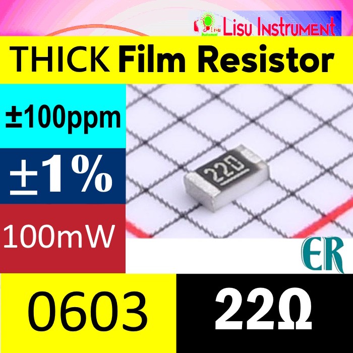 Jual 22Ω 0603 ±1% 100mW ±100ppm/°C Thick Film Resistor SMD 22R 22R0 ER ...