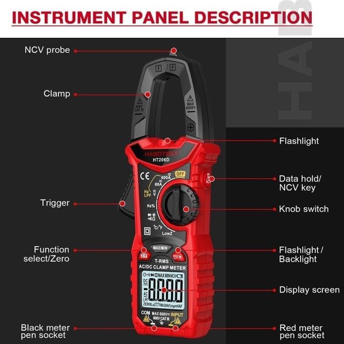 Jual HABOTEST Clamp Meter DIgital 600V AC/DC 6000 Otomatis Tang Ampere ...