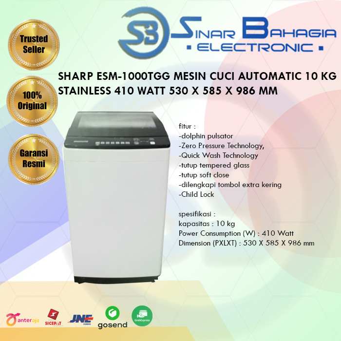 Jual SHARP ESM-1000TGG MESIN CUCI AUTOMATIC 10 KG STAINLESS 410 WATT ...