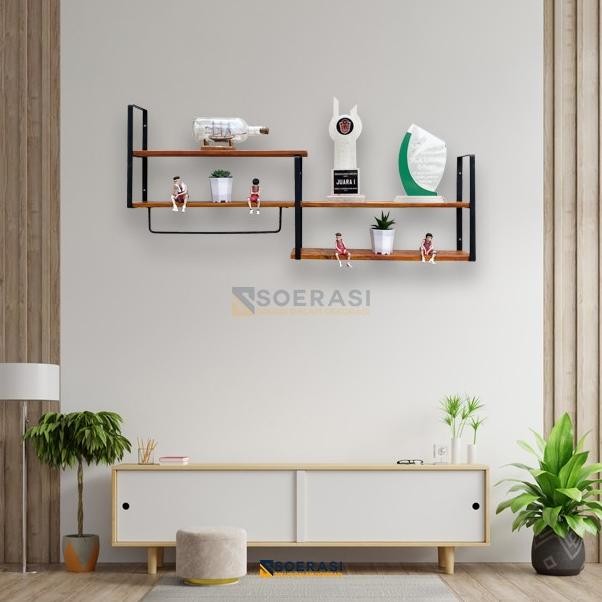 Jual Triple rak dinding besi dan kayu panjang luas minimalis vintage retro SM88 | Shopee Indonesia