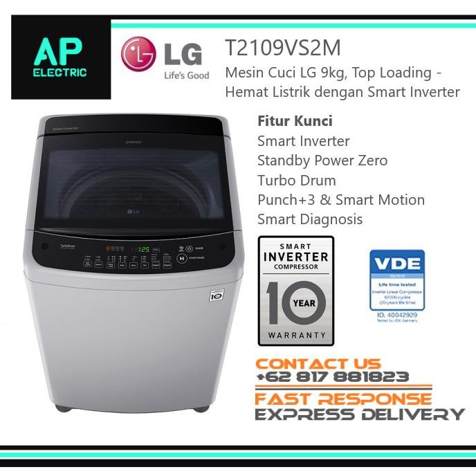 Jual Lg T2109Vs2M Mesin Cuci 1 Pintu Atas 9 Kg Inverter T2109 New Model ...