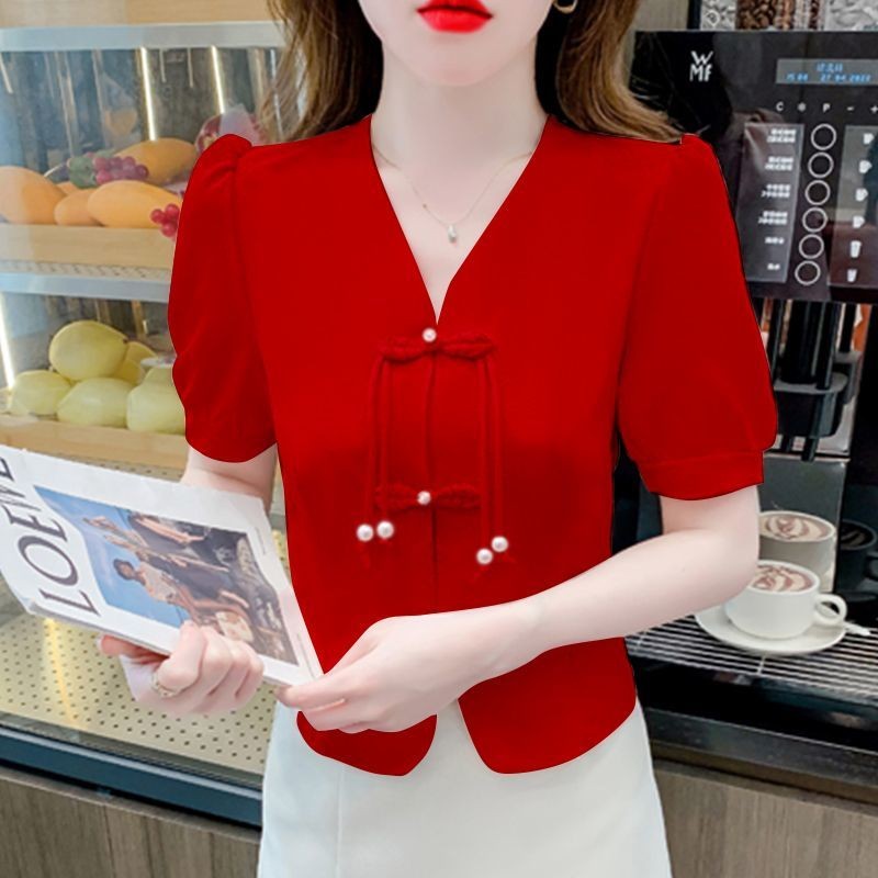 Jual Kemeja Kancing Simpul Tiongkok untuk Wanita, Kemeja Gaya Nasional ...