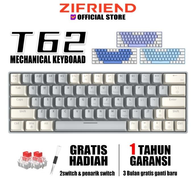 Jual ZIFRIEND T62 Mechanical Keyboard 63Keys 60% Layout Blue Red Switch RGB Backlit Hotswap ...