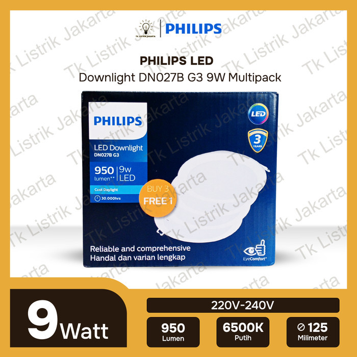 Jual Lampu Downlight LED Plafon isi 4 Philips DN027B G3 Pack 9W 5 Inch D125 6500K Putih Inbow ...