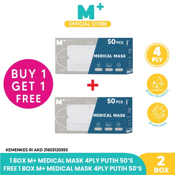 Jual Paket 2 Box M+ Surgical Mask Earloop 4 Ply - Masker Medis Isi 50 ...