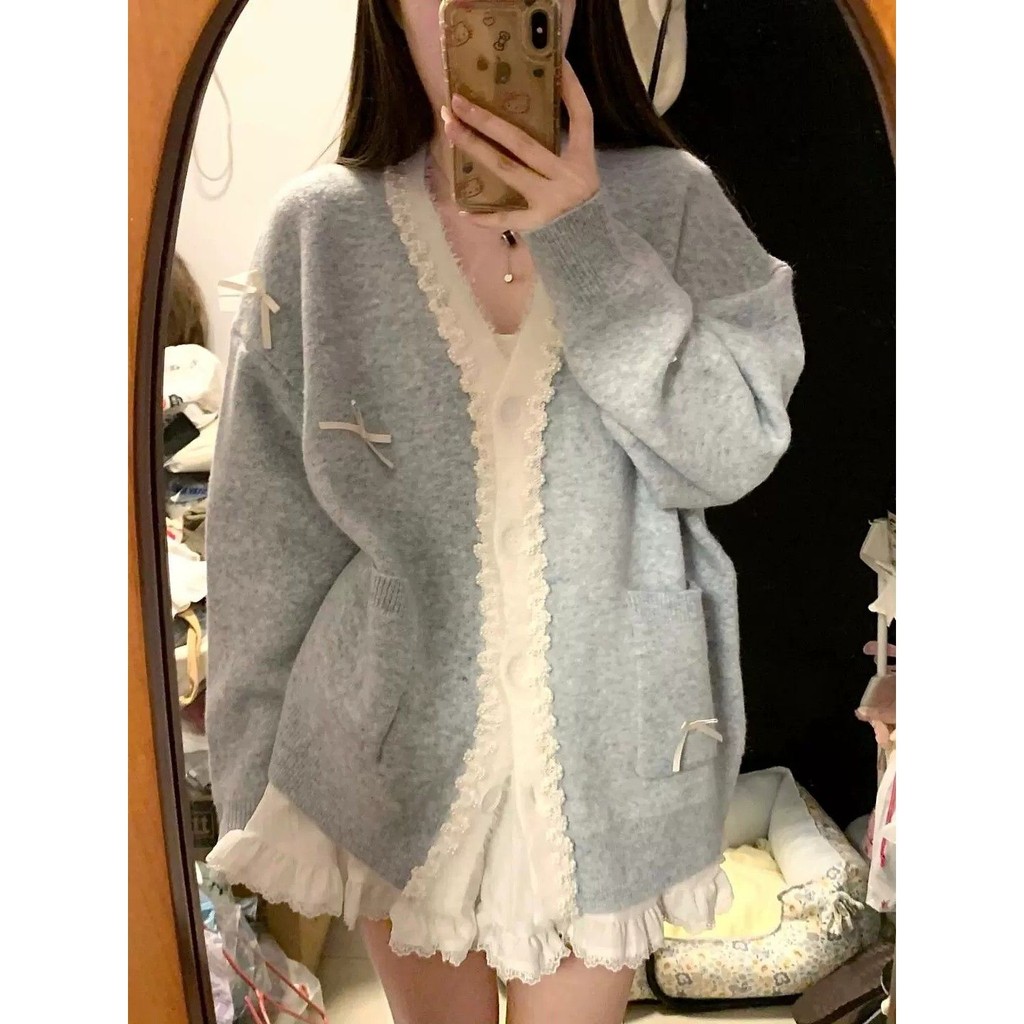 Jual 【Kue ceri】Mantel kardigan sweter biru kerah v longgar dan lembut Prancis untuk wanita ...